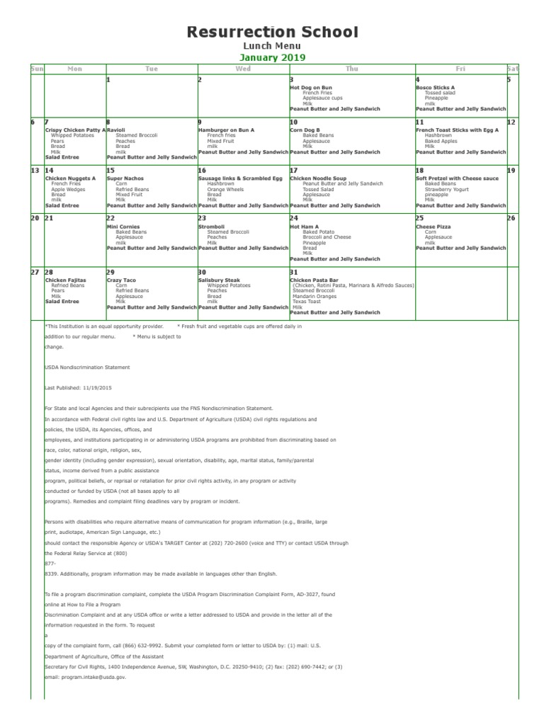 January Lunch Menu | PDF | Sandwich | Lunch
