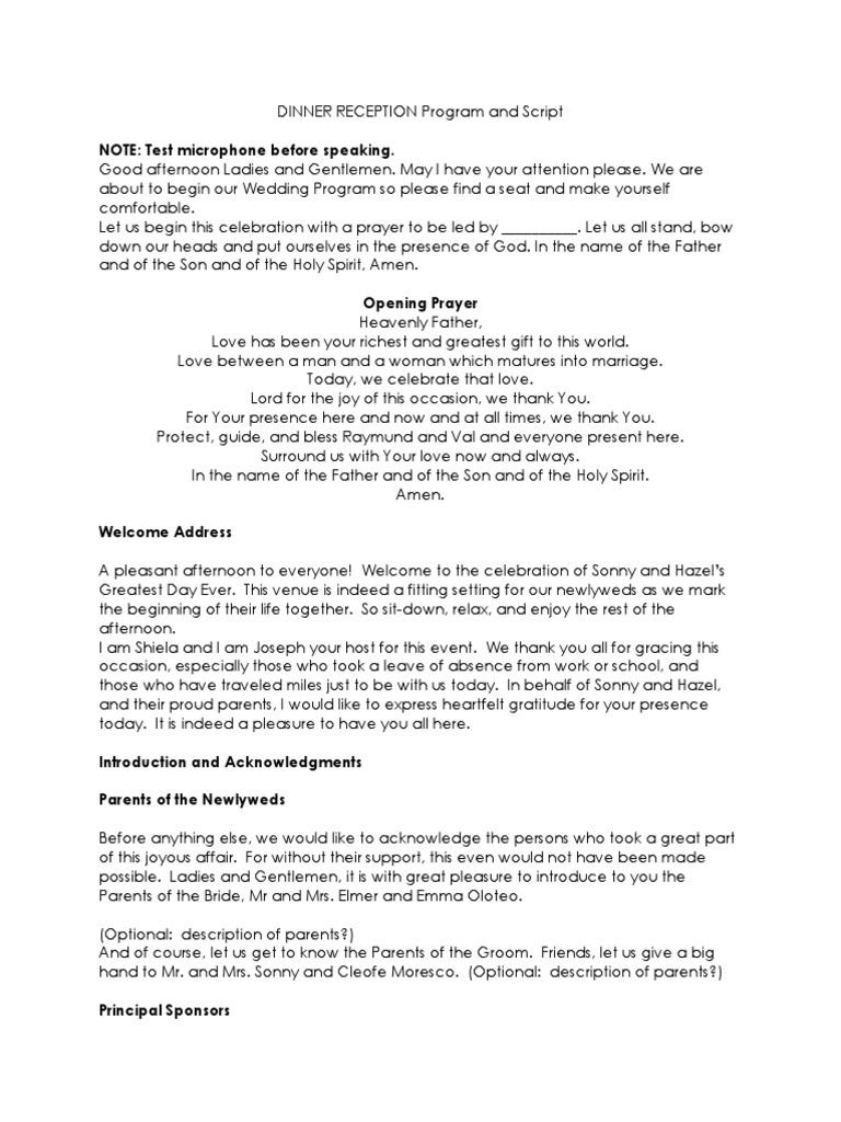 Dinner Reception Program and Script | PDF | Wedding | Bride