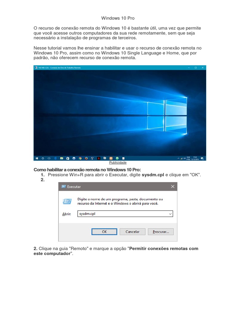 Como habilitar a conexão remota no Windows 10 Pro:: 1. sysdm.cpl 2 ...