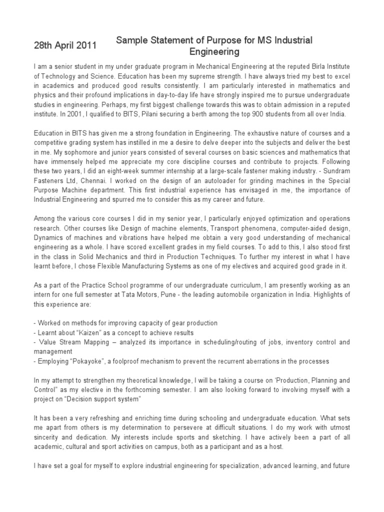 Sop Sample | PDF | Engineering | Mechanical Engineering