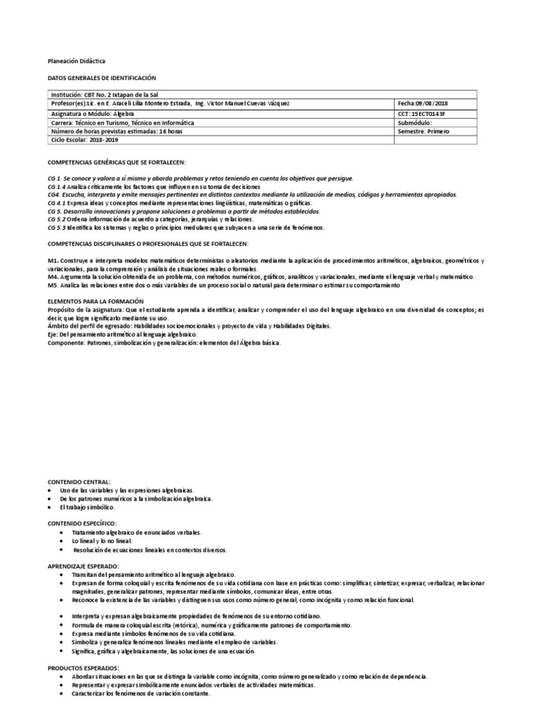 Planeación Didáctica ALGEBRA. 1 | PDF | Fórmula | Ecuaciones