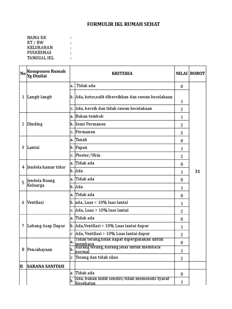 Form Ikl Rumah Sehat | PDF