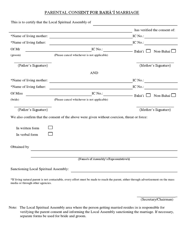 Bahá'í Marriage Parental Consent Form | PDF | Bahá'í Faith | Religious ...