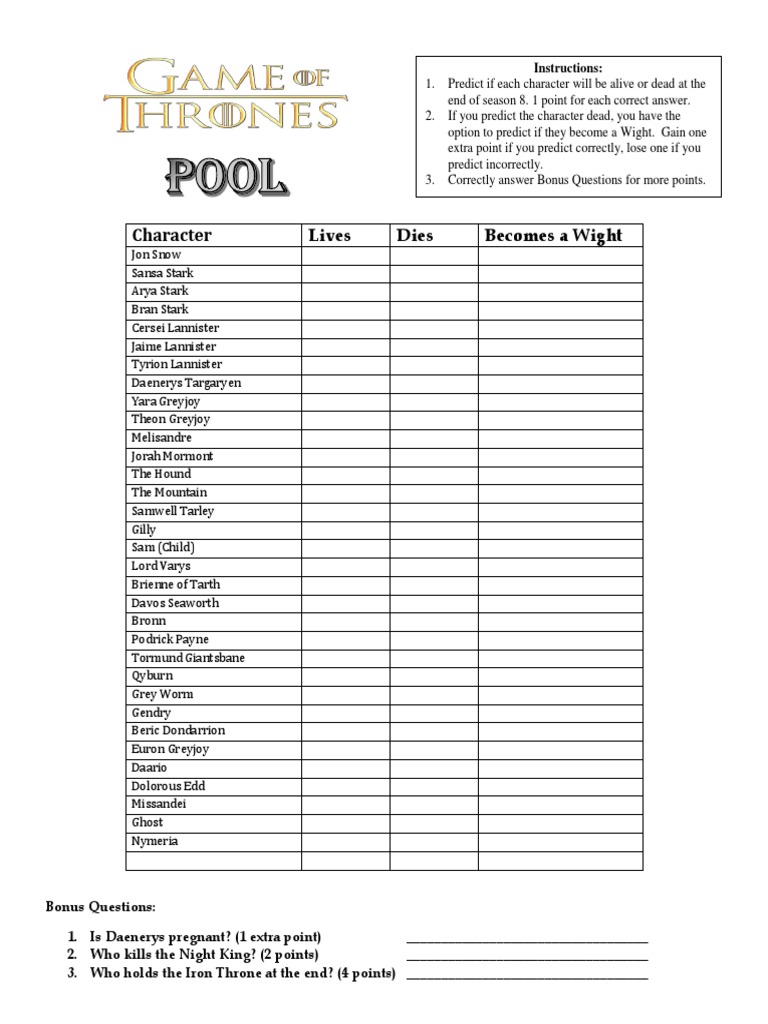 Game of Thrones Pool | PDF