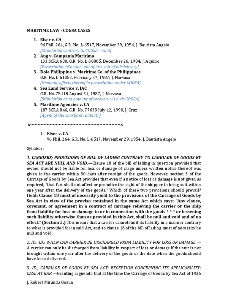 COGSA Case Summaries in the Philippines | PDF | Bill Of Lading | Common ...
