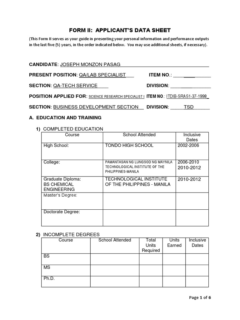 Applicants Data Sheet - ForM II | PDF | Academic Degree | Doctor Of ...