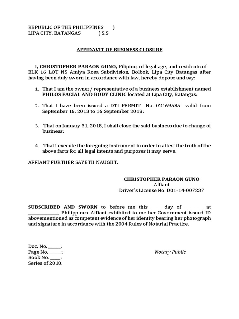 Affidavit of Business Closure in Lipa City | PDF