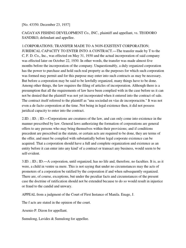 Cagayan Fishing Dev. Co., Inc. v. Teodoro Sandiko, 65 Phil. 223 (1937 ...