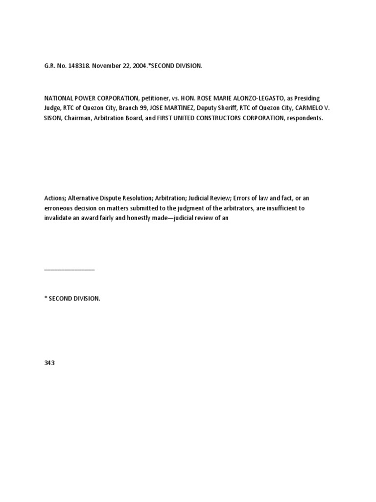 NPC v. Alonzo-Legasto, 443 SCRA 342 (2004) | PDF | Arbitration | Lawsuit