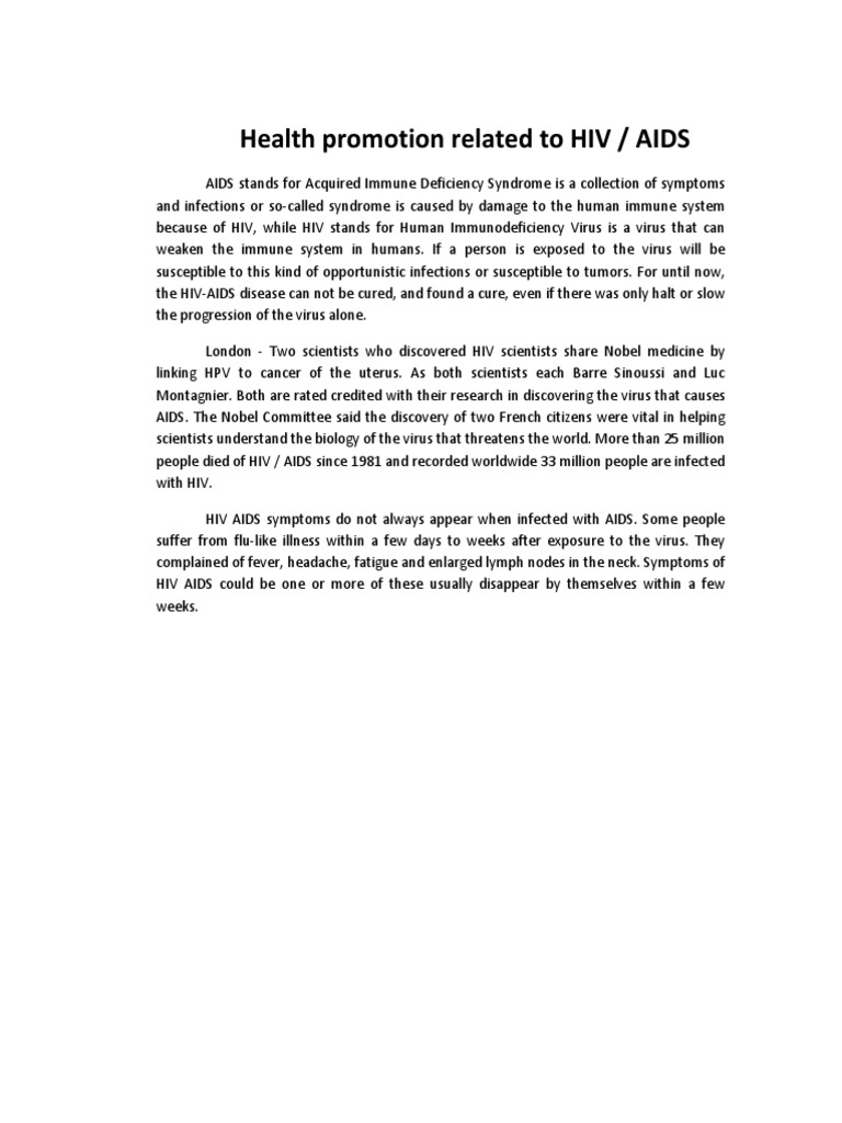 Health Promotion Related To HIV | PDF | Self-Improvement | Wellness