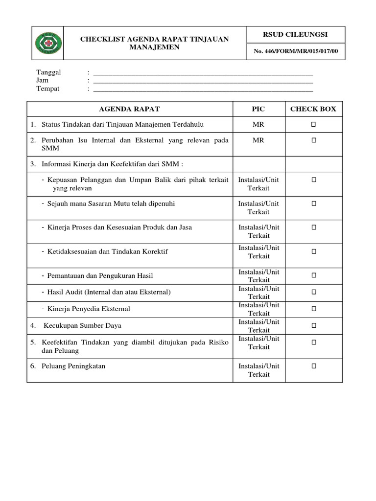 15-Formulir Checklist Agenda Rapat Tinjauan Manajemen | PDF