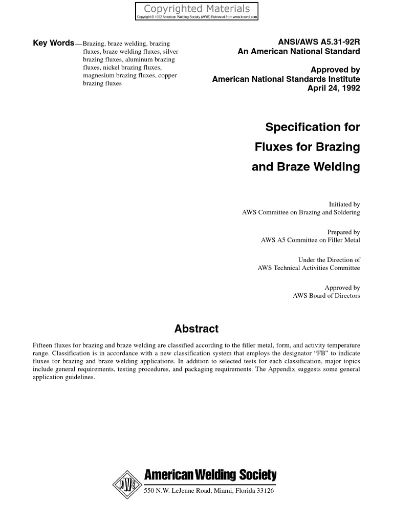 (ANSI - AWS A5.31-92R) AWS A5 Committee On Filler Metal-Specification ...