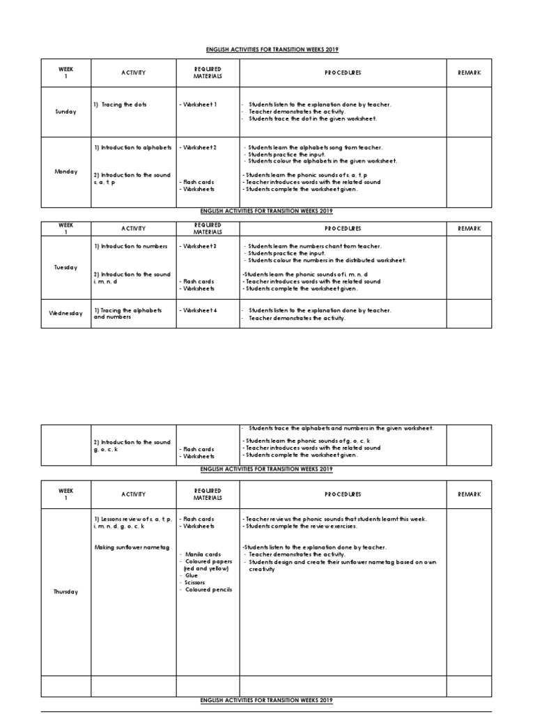 Transition Week Year 1 | PDF | Classroom | Learning
