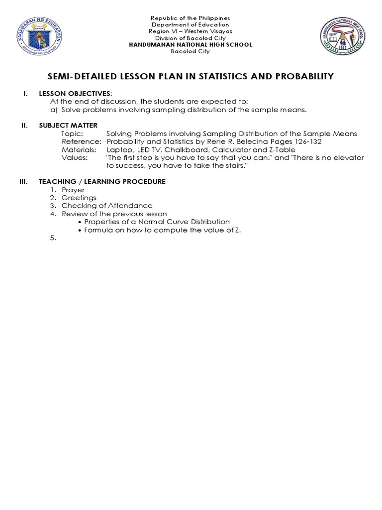 Semi-Detailed Lesson Plan in Statistics and Probability | PDF