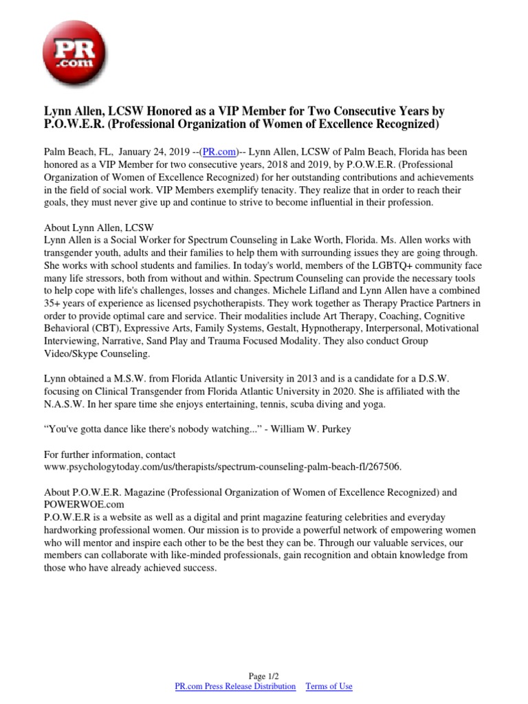 Lynn Allen, LCSW Honored As A VIP Member For Two Consecutive Years by P ...