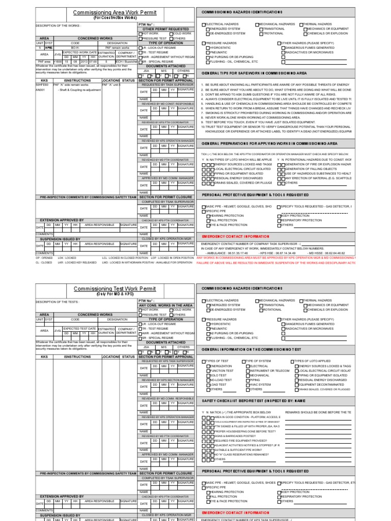 Commissioning Area Work Permit: (For Construction Works) | PDF ...