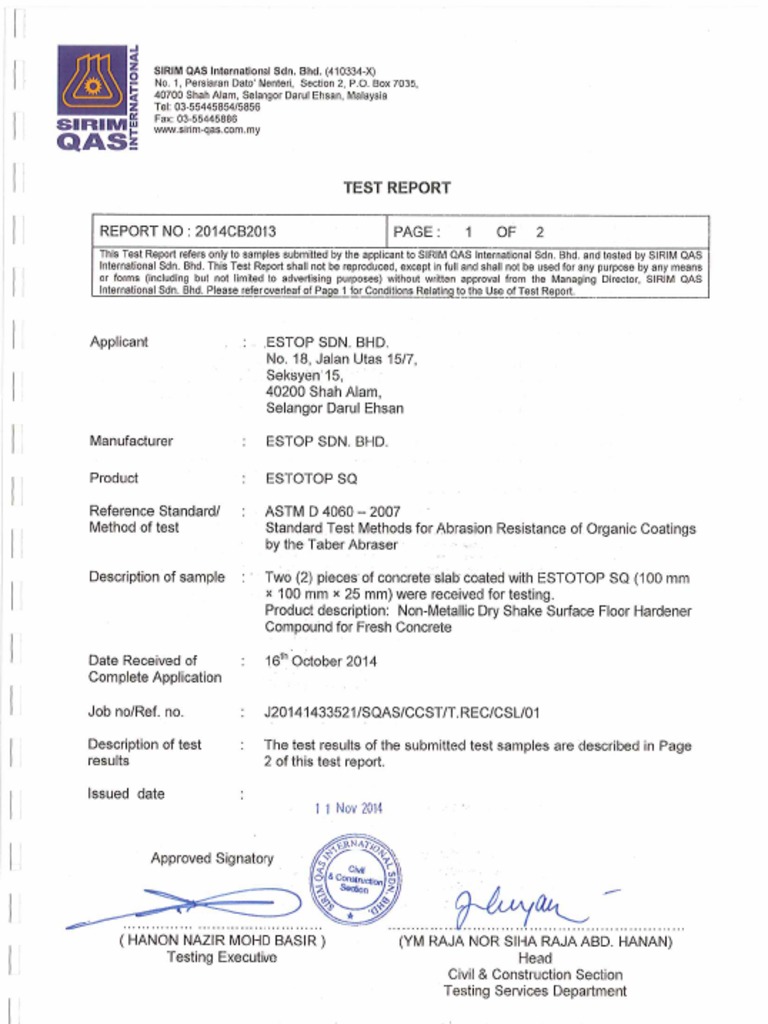 Estotop SQ - ASTM D4060 Abrasion Resistance - S2014 | PDF