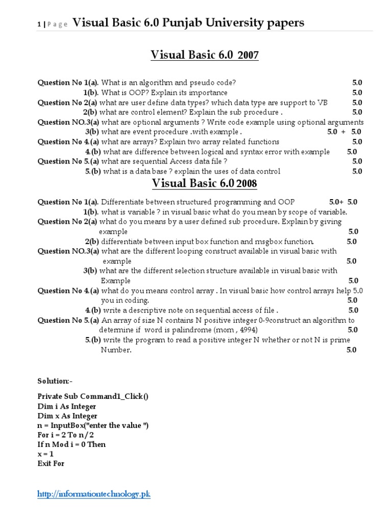 10 Year Papers Visual Basic 6.0 SOLVED For B.A Part 1 | PDF | Visual ...
