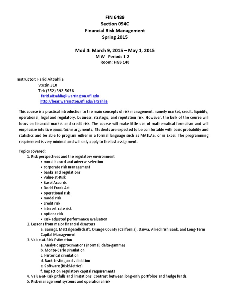 Financial Risk Management | PDF | Value At Risk | Risk Management