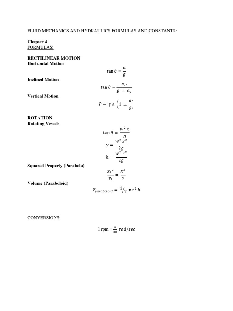 Fluid Mechanics Formulas and Concepts for Rectilinear and Rotational ...