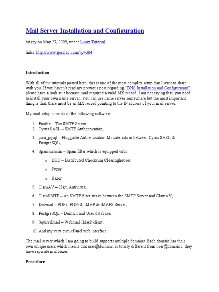 Mail Server Installation and Configuration | PDF | Postgre Sql | Networking