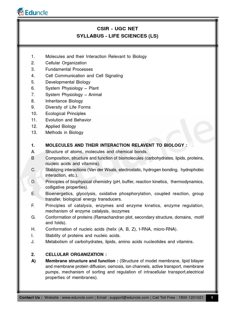 Csir - Ugc Net Syllabus - Life Sciences (LS) : 1. Molecules and Their ...