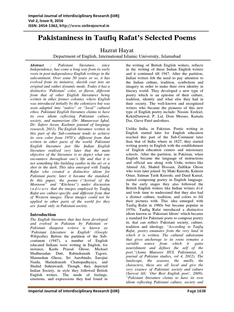 Pakistaniness in Taufiq Rafat's Selected Poems: Hazrat Hayat | PDF