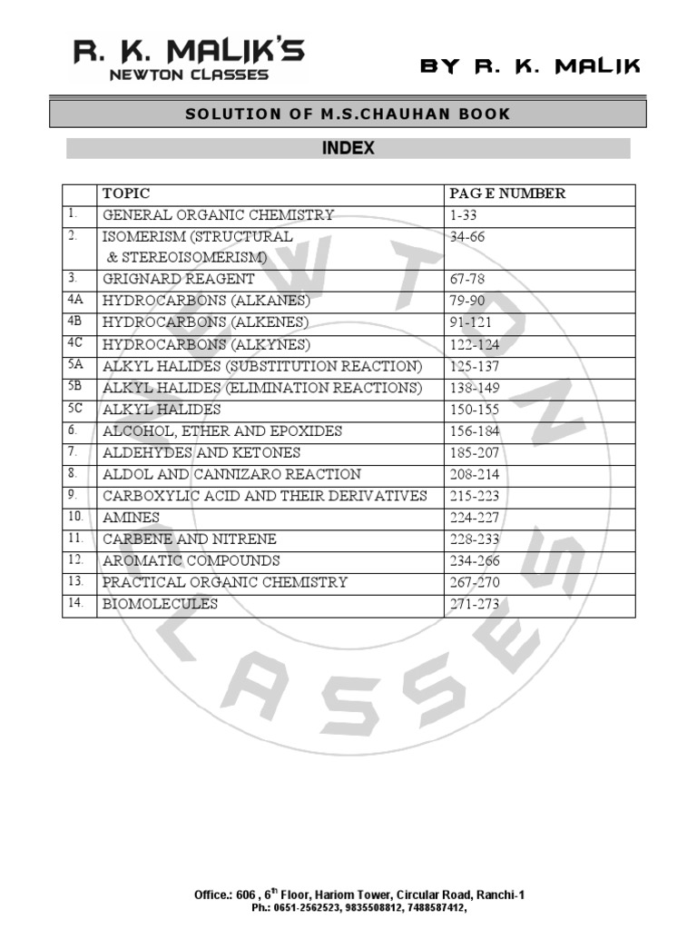 MS Chauhan Organic Chemistry Index | PDF | Alkene | Organic Reactions