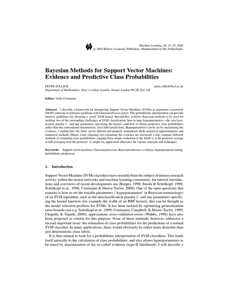 Bayesian Methods For Support Vector Machines: Evidence and Predictive Class Probabilities | PDF ...