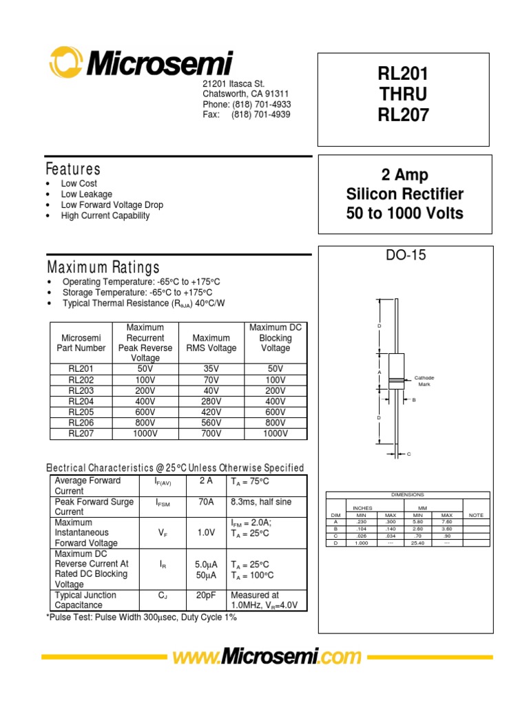 Features: RL201 Thru RL207 | PDF | Rectifier | Capacitor