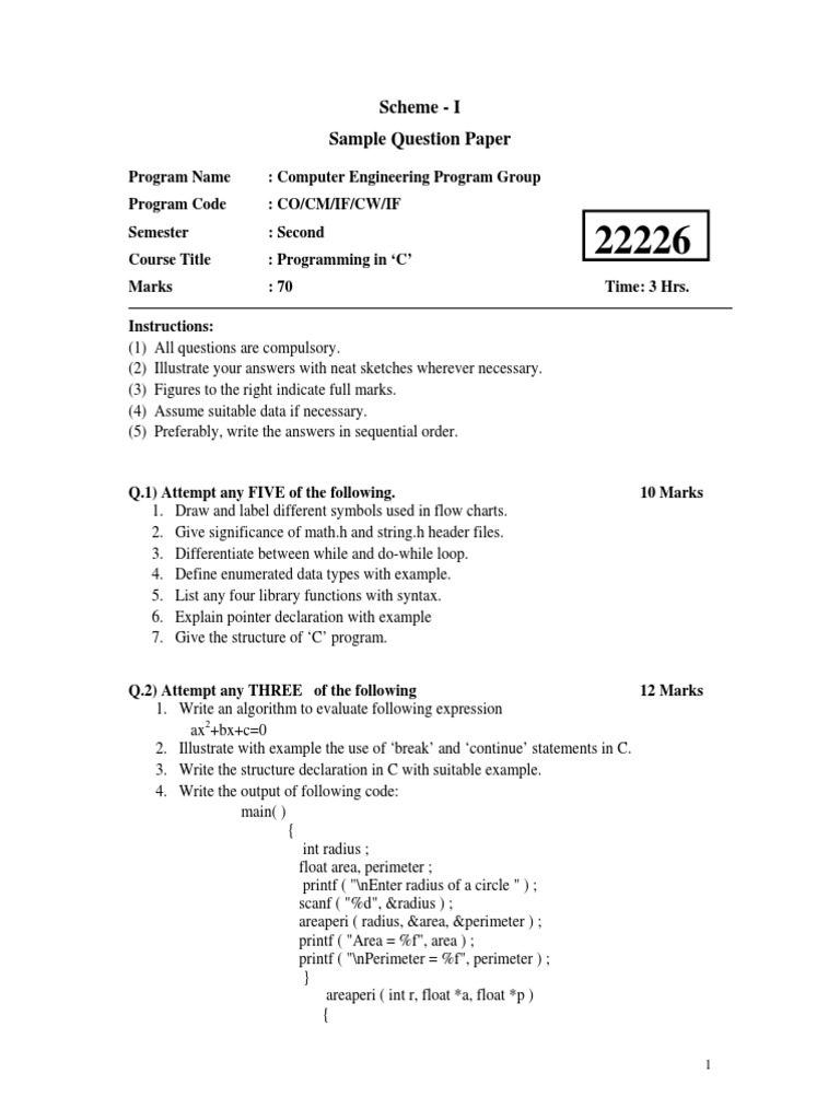 Sample Question Paper Of Programming In C Pdf C Programming Language Computer Program 0611