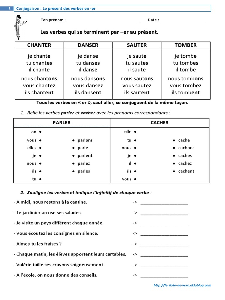 Exos Le Present Des Verbes en Er | PDF | Conjugaison | Verbe