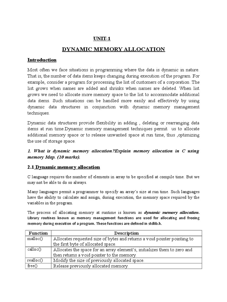 Dynamic Memory Allocation Unit 1 Pdf Pointer Computer Programming Variable Computer