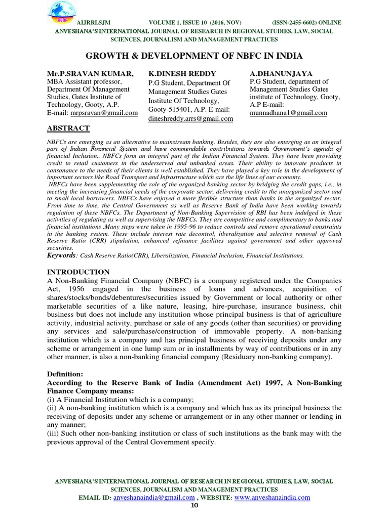 Growth Developnment Of Nbfc In India 1 Pdf Non Bank Financial