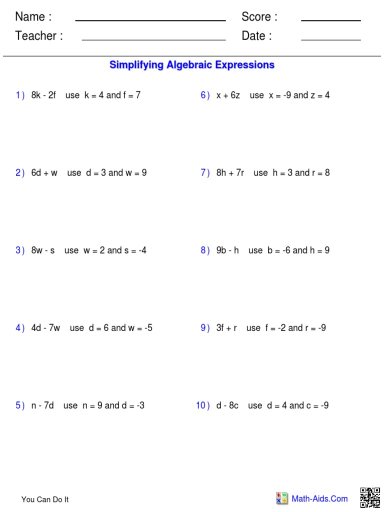 Simplifying Algebraic Expressions D | PDF | Teaching Methods & Materials