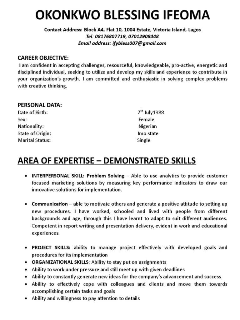Okonkwo Blessing Updated CV | PDF | Psychological Concepts | Cognition