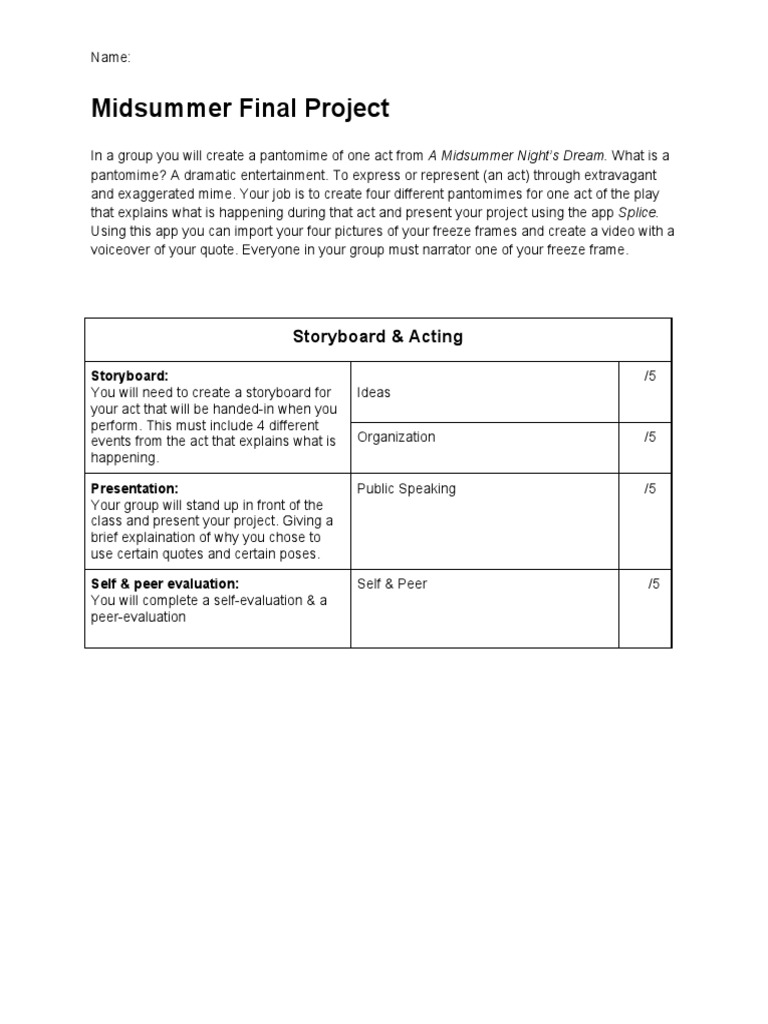 Midsummer Final Project Rubric | PDF