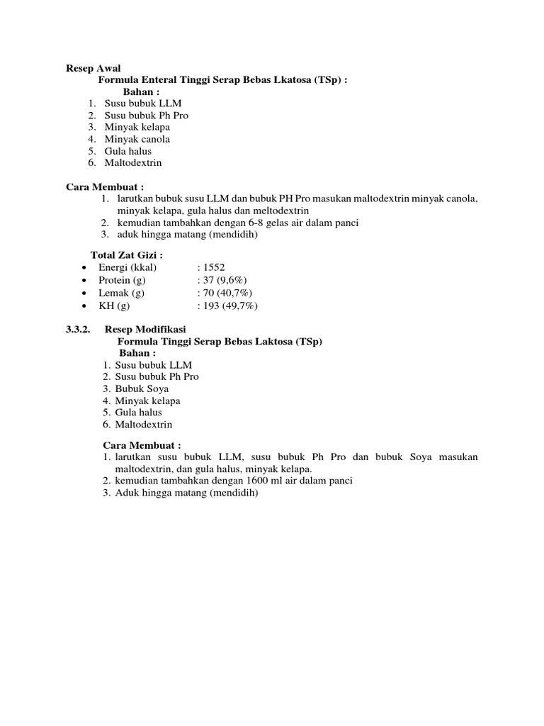Resep Formula Enteral Tinggi Serap TSp | PDF