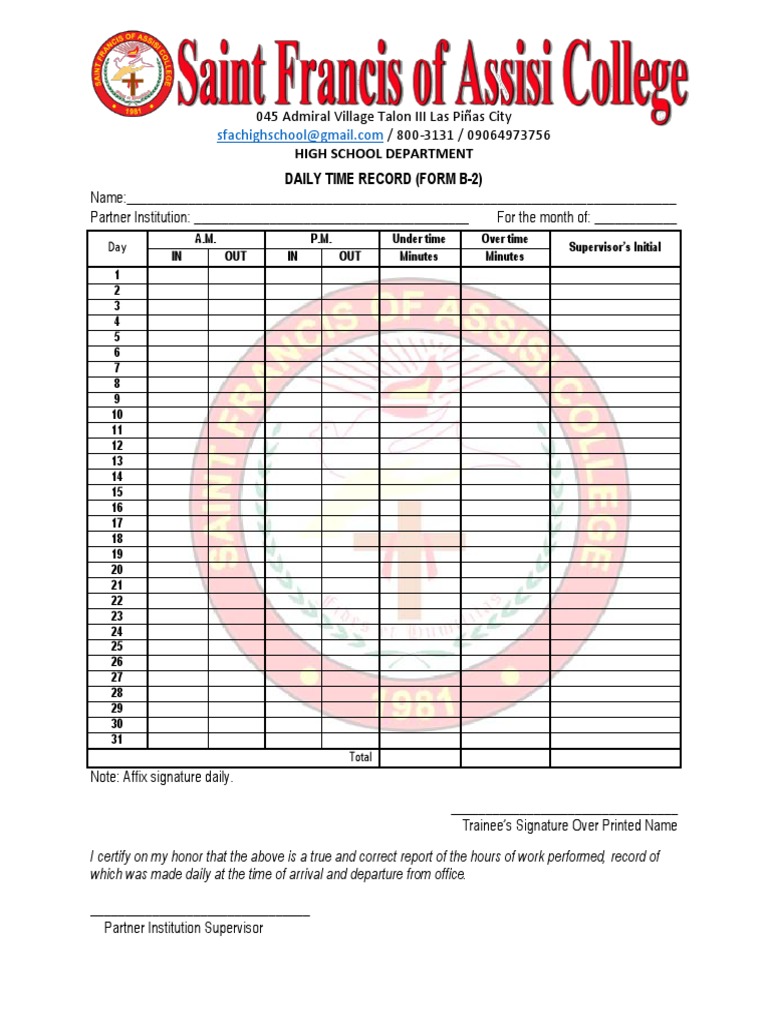 Daily Time Record Template for OJT | PDF