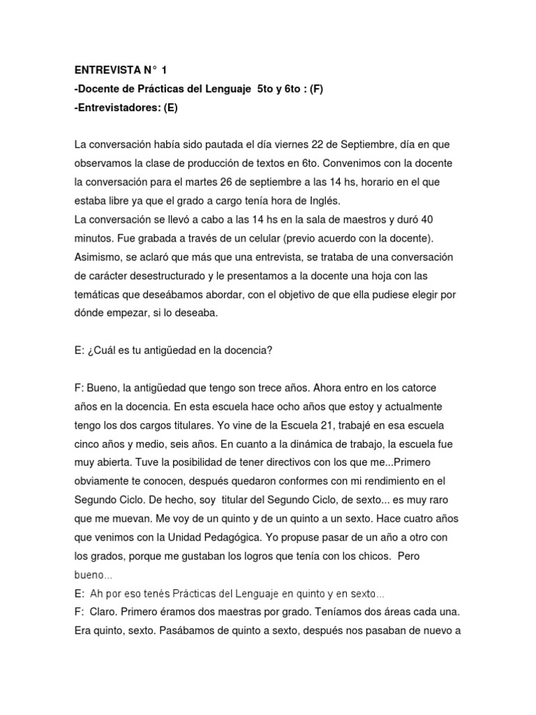 Entrevista Docente Prácticas Del Lenguaje 5to y 6to | PDF | Palabra ...