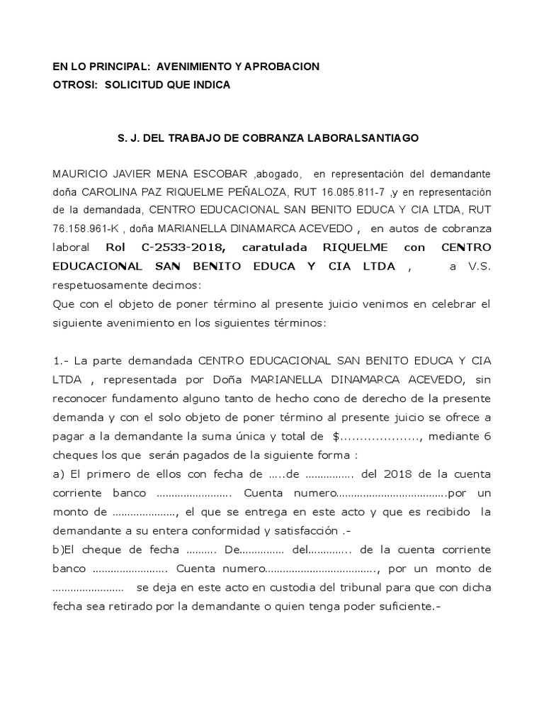 Avenimiento C 2533 2018 Cobranza | PDF | Cheque | Demanda judicial