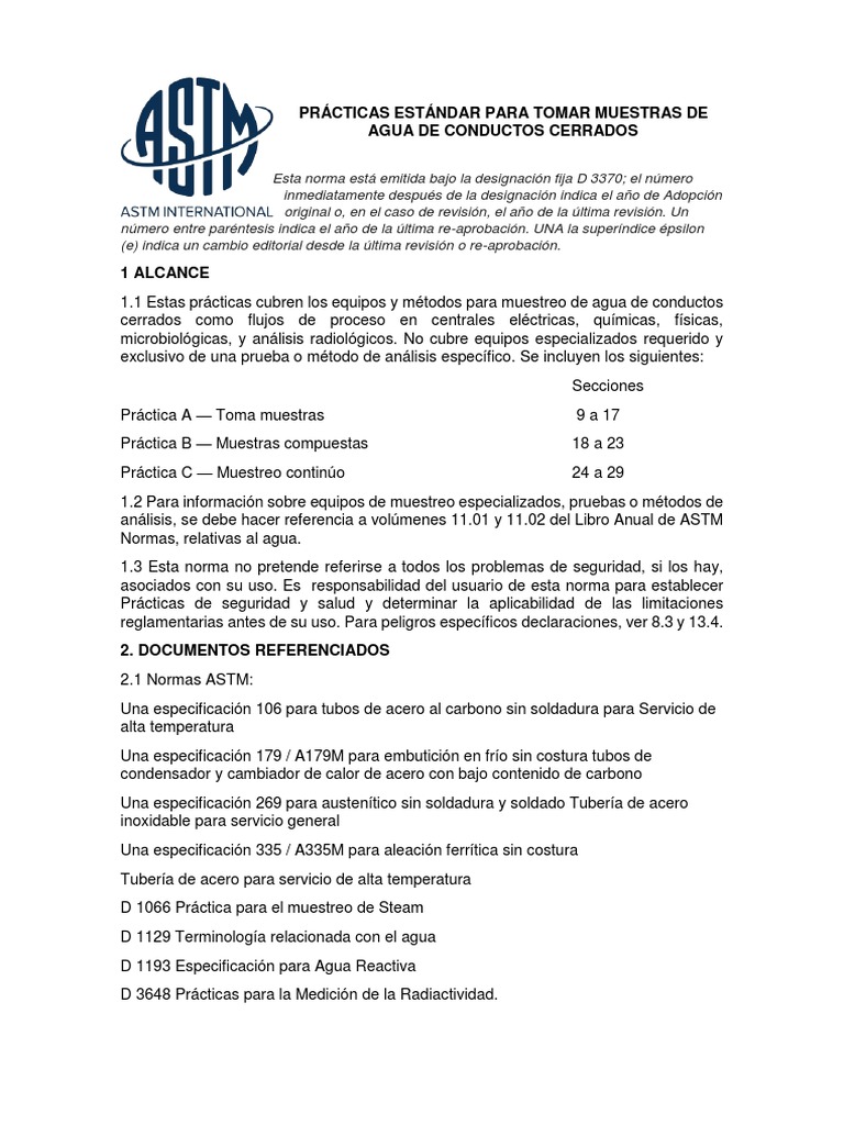 Prácticas Estándar para Tomar Muestras de Agua de Conductos Cerrados ...