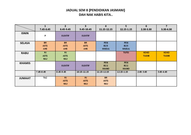 Jadual Kelas Sem 8 Pendidikan Jasmani | PDF