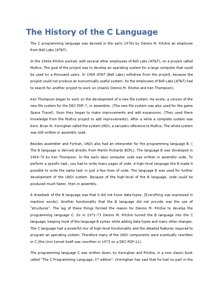 History Of C Programming Language Pdf C Programming Language Subroutine