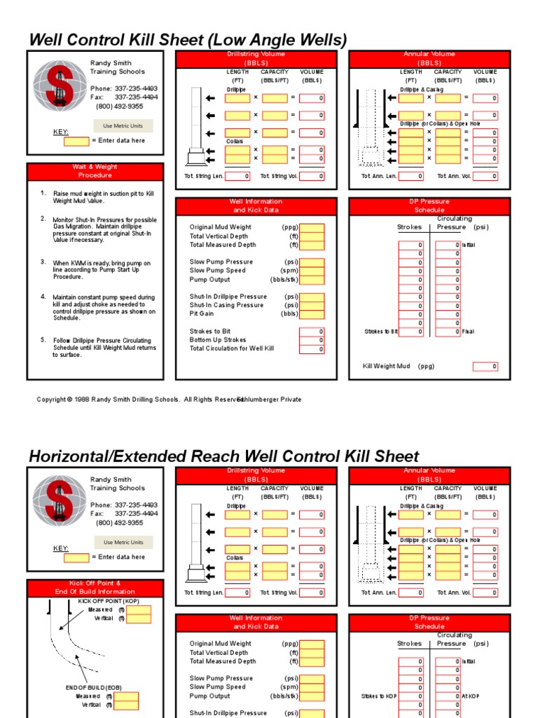 Well Control Kill Sheet (Low Angle Wells) : Drillstring Volume Annular ...