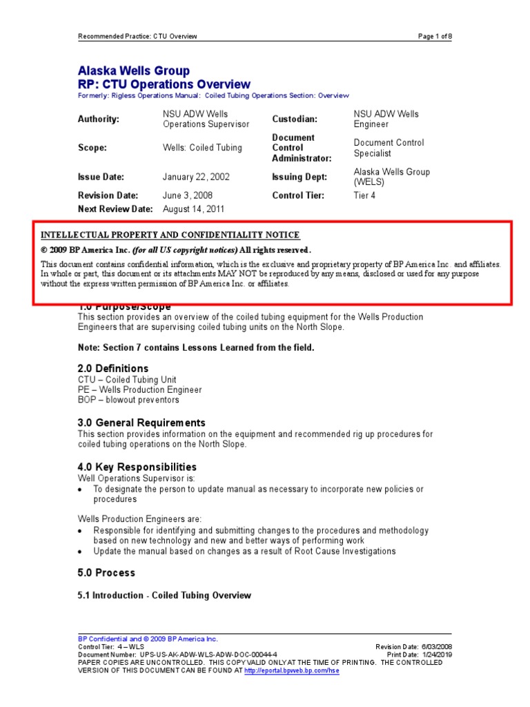 Alaska Wells Group RP: CTU Operations Overview: 1.0 Purpose/Scope | PDF ...