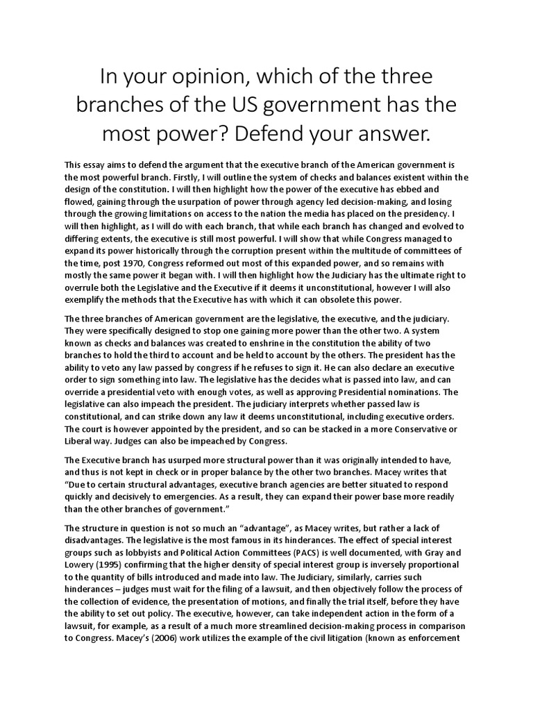 In Your Opinion, Which of The Three Branches of The US Government Has ...
