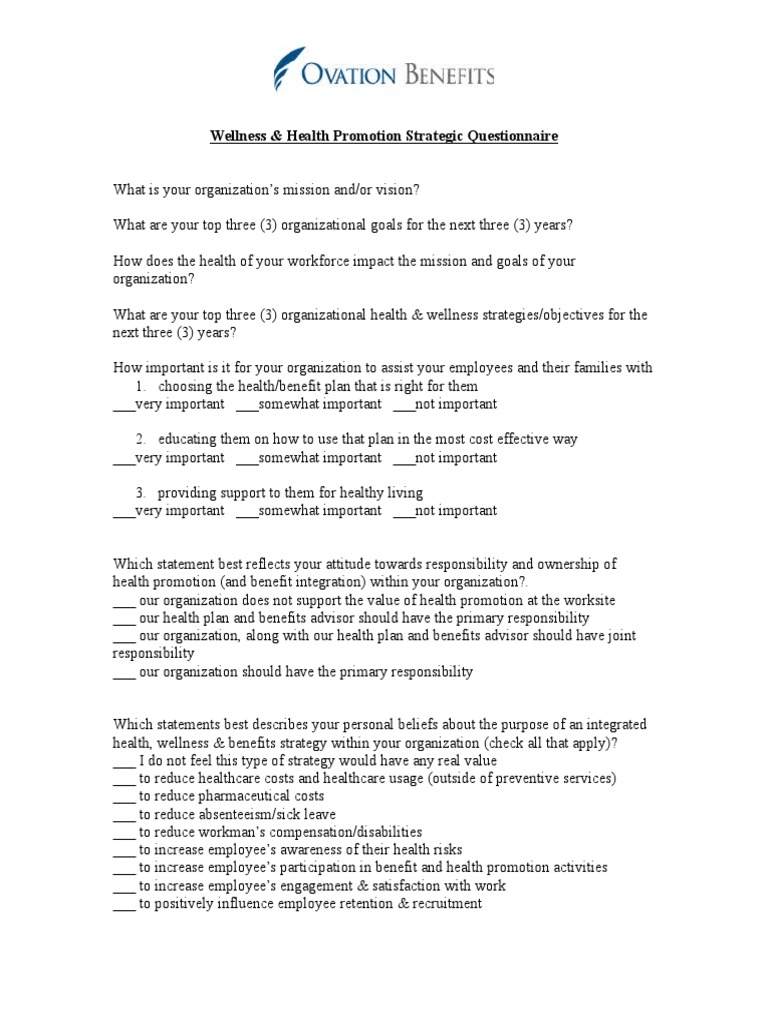 Wellness & Health Promotion Strategic Questionnaire | PDF | Health ...