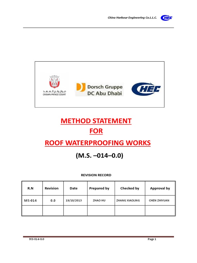 Method Statement FOR Roof Waterproofing Works: Revision Record | PDF | Concrete | Roof