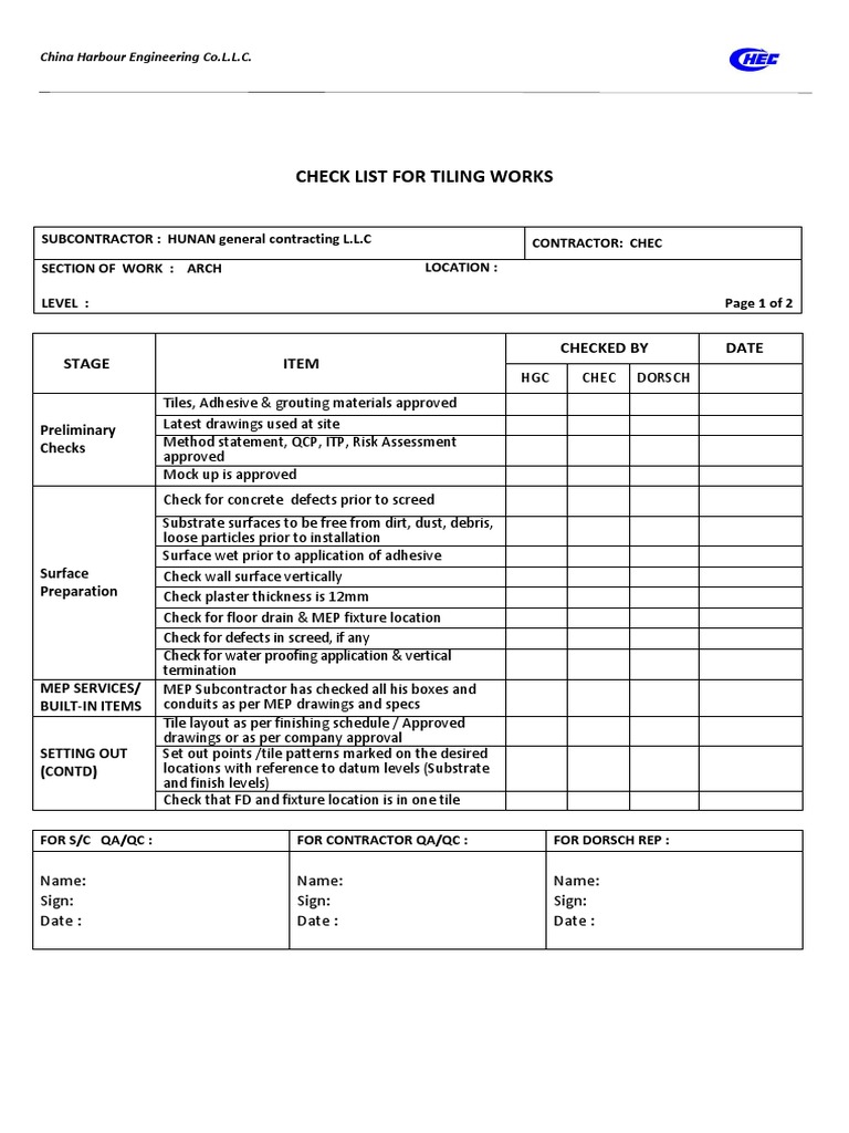 Tiling - Check List | PDF | Tile | Building Technology